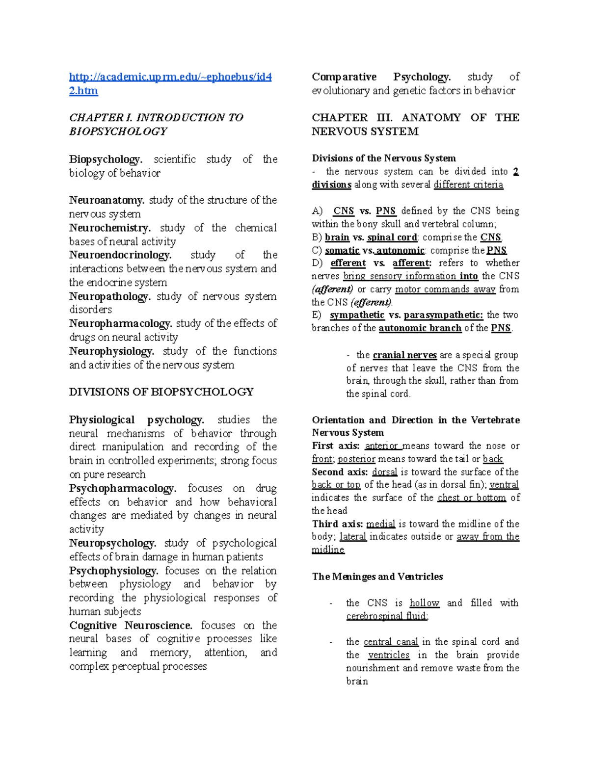 Biopsychology Notes - Chapter 1 of Biopsych - academic.uprm/~ephoebus ...