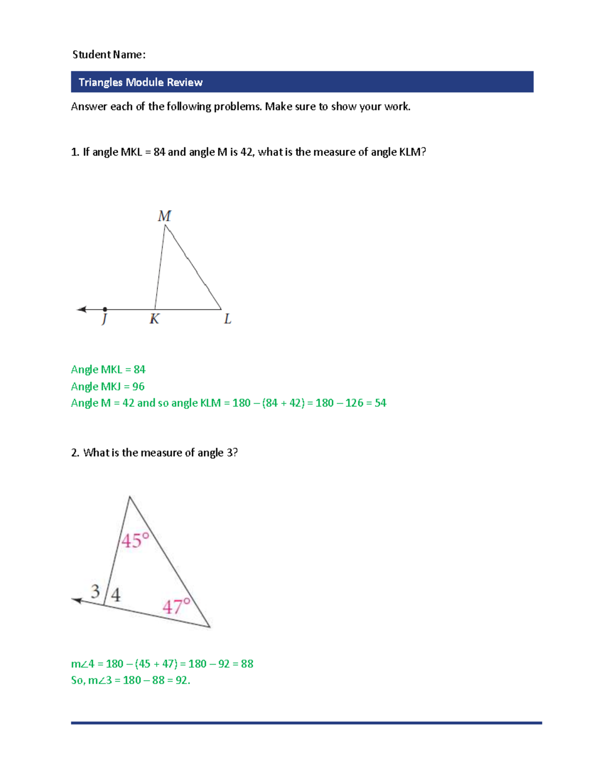 397631 Triangles Module Review Worksheet - Triangles Module Review ...
