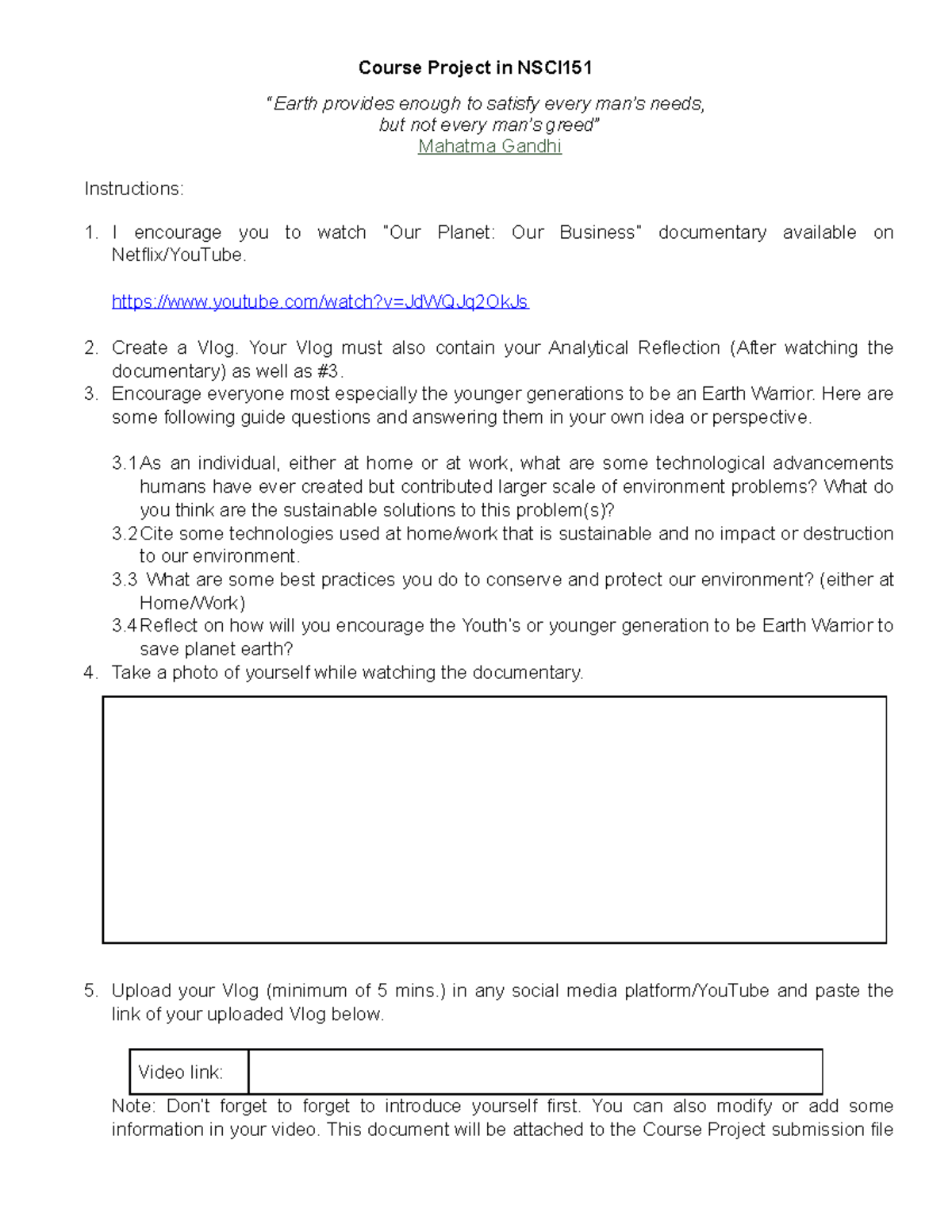STS Course Project NSCI151 - Course Project in NSCI “Earth provides ...
