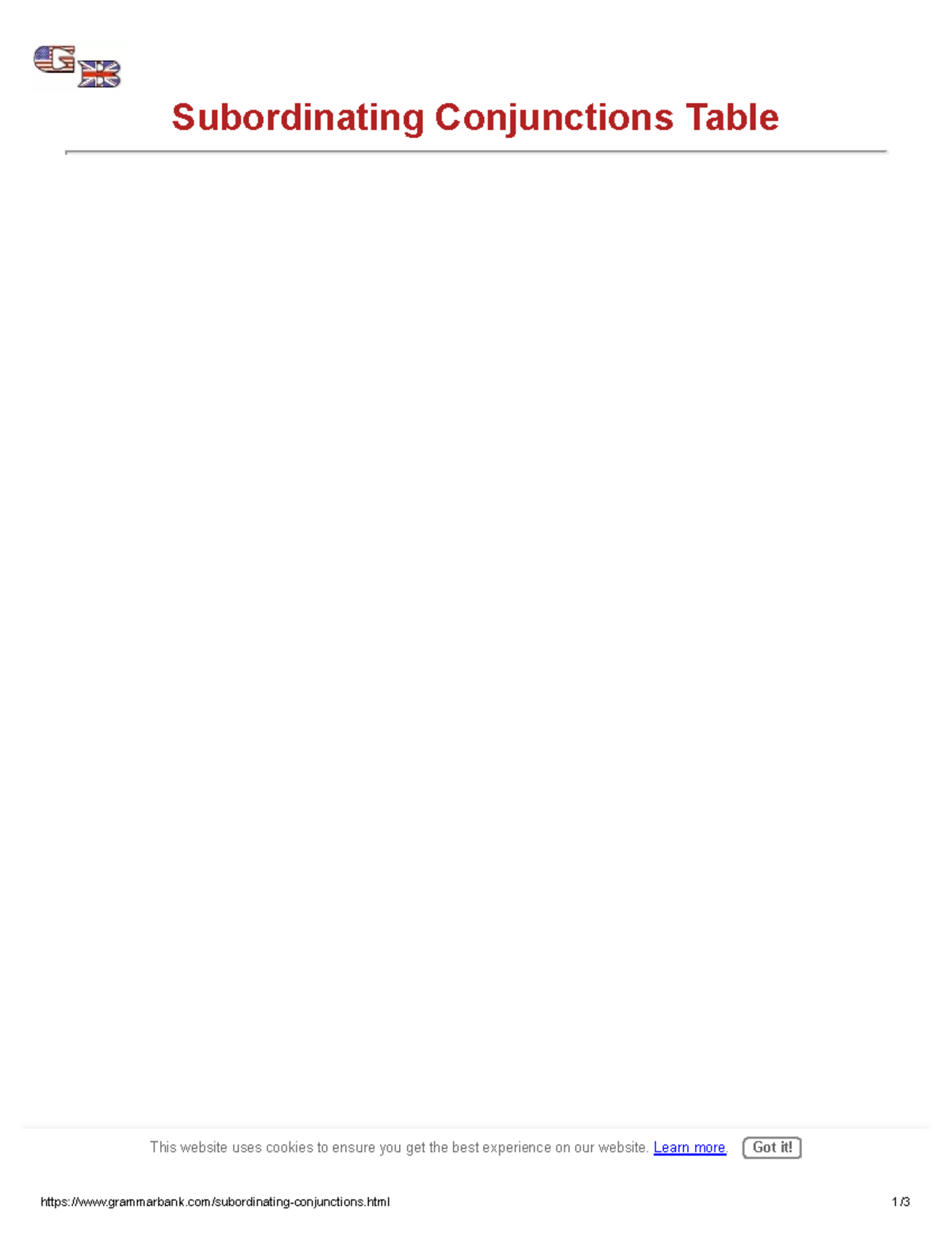 Subordinating Conjunctions Table - Grammar Bank - grammarbank ...