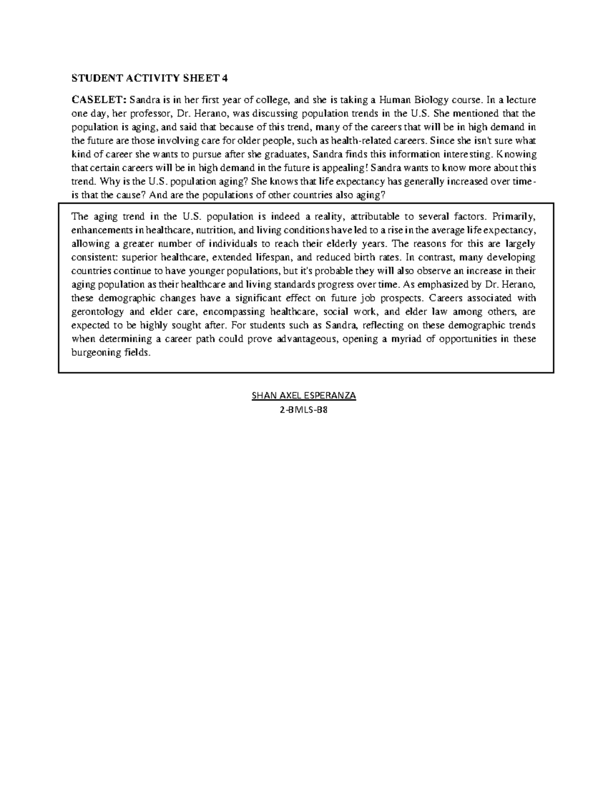 SAS 4 - Module 4 - STUDENT ACTIVITY SHEET 4 CASELET: Sandra is in her ...