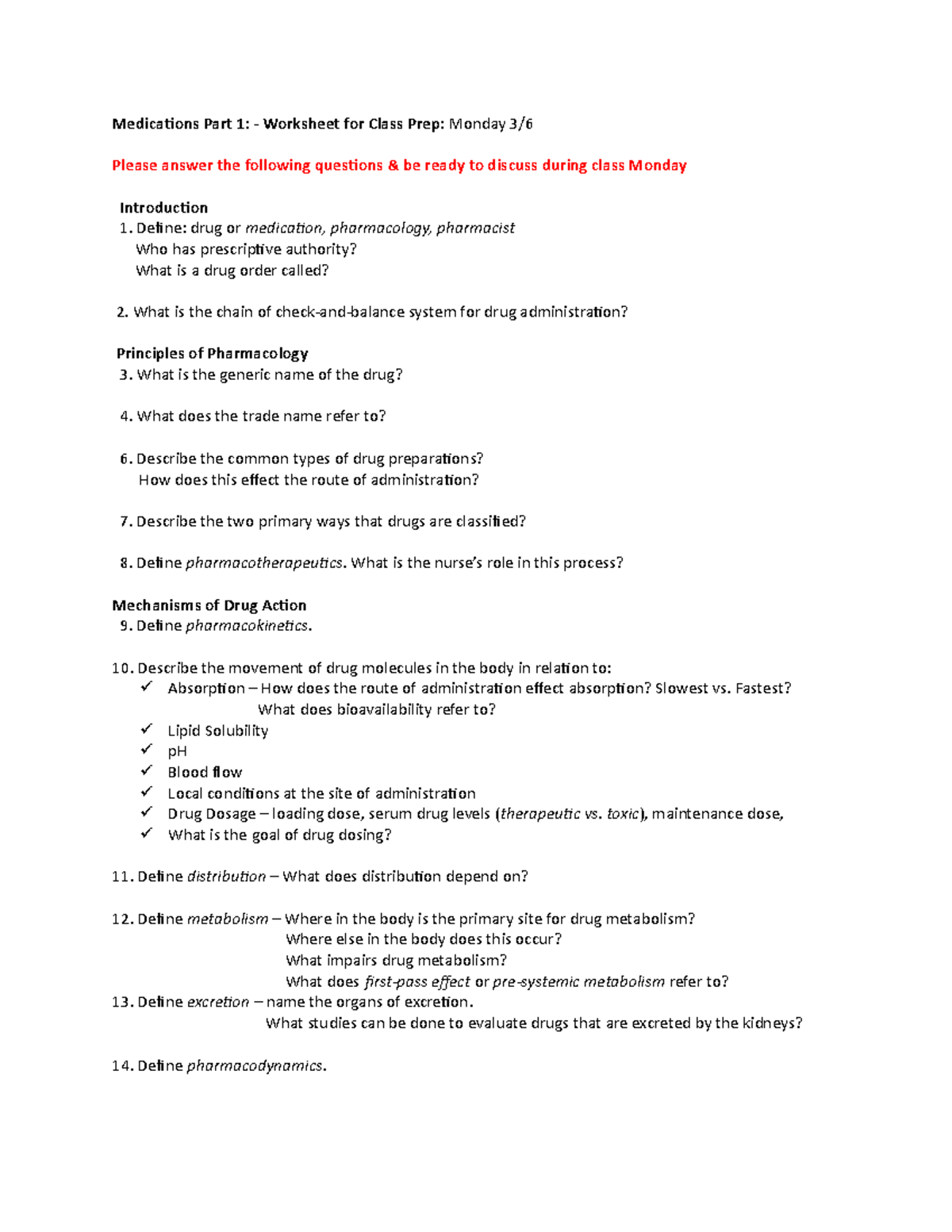 Medications 1 Worksheet for Class 1 - Medications Part 1: - Worksheet ...