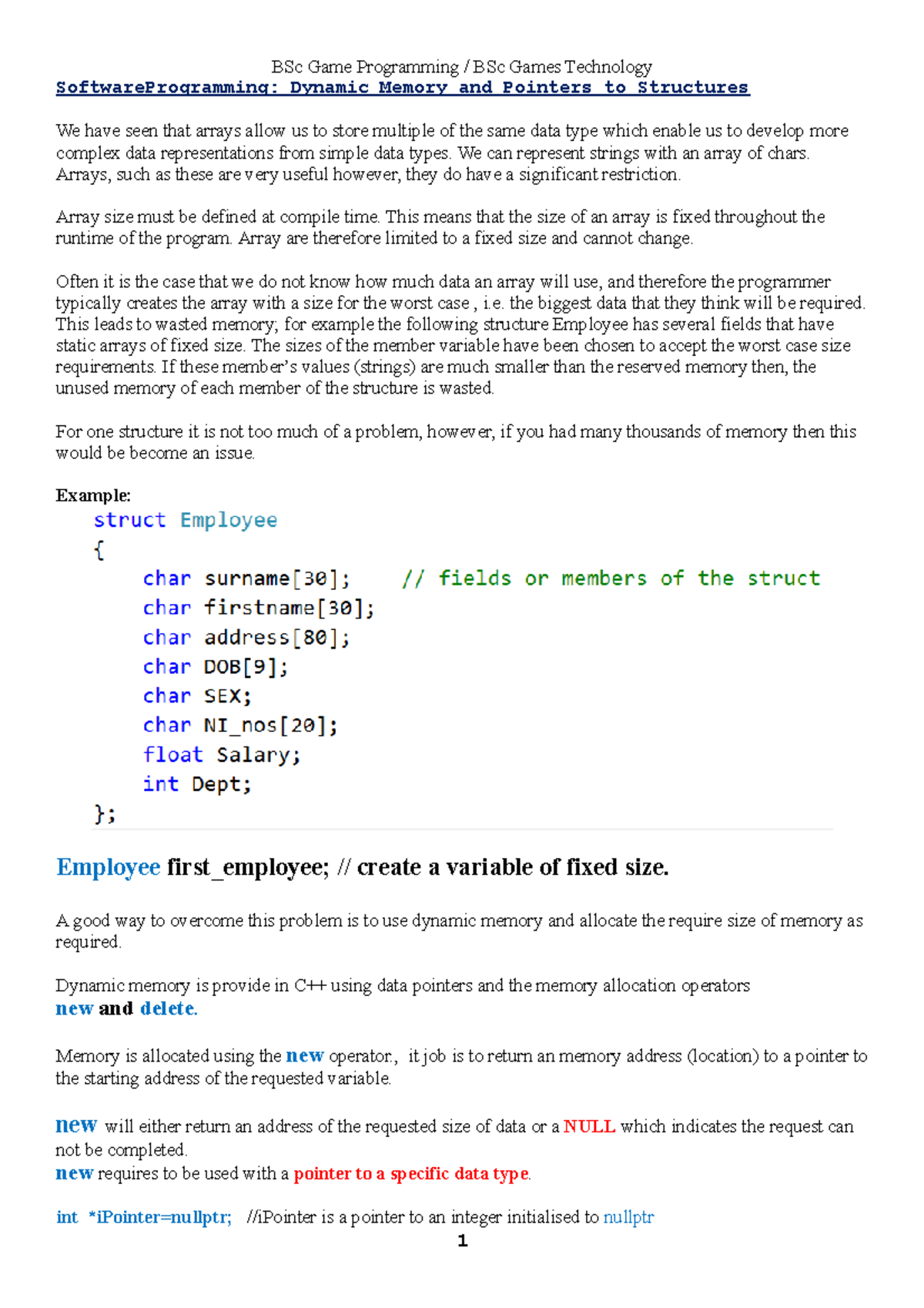 Software Programming Dynamic Memory and Ptr Structures ver1 0 - BSc Game Programming / BSc Games ...