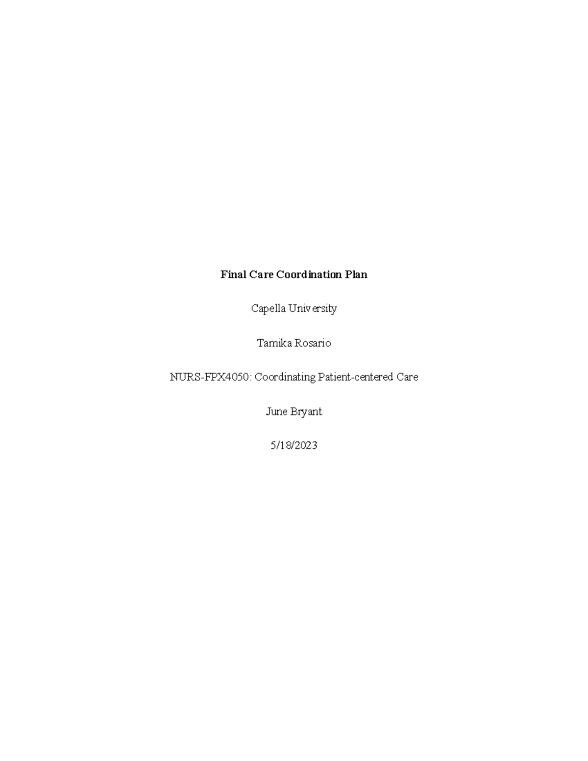 Assessment 4 - 4th paper of the class - Final Care Coordination Plan ...