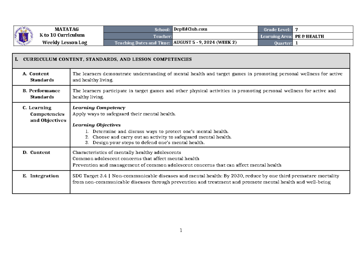 DLL Matatag PE & Health 7 Q1 W2 - MATATAG K to 10 Curriculum Weekly Lesson Log School: DepEdClub ...