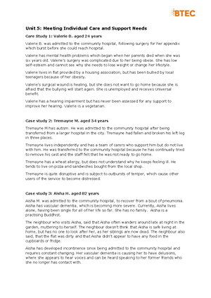 Unit 5 - Case Studies 2024 - Unit 5: Meeting Individual Care and Support Needs Care Study 1 ...