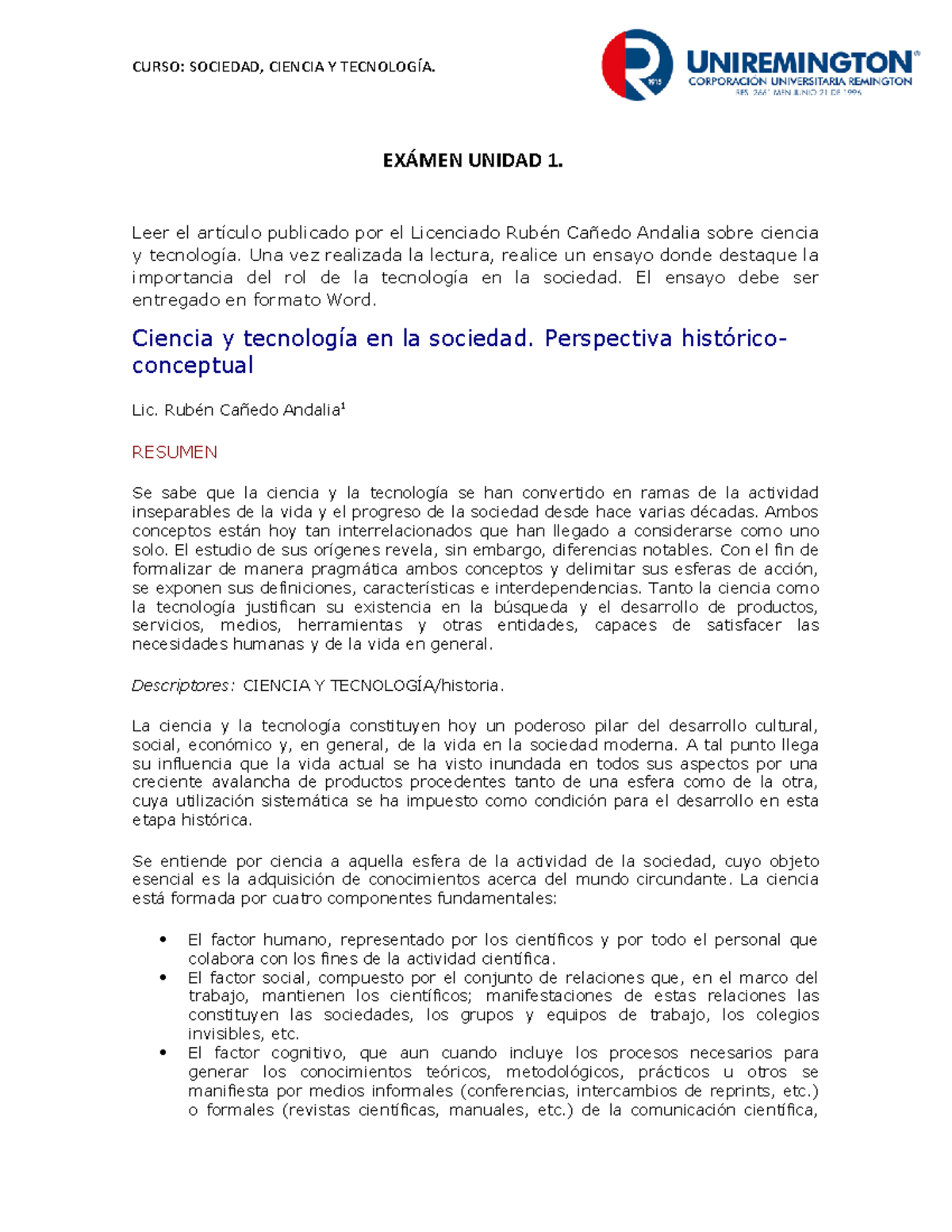 Trabajo Unidad 1. Lectura Artículo Ciencia y tecnología en la sociedad ...
