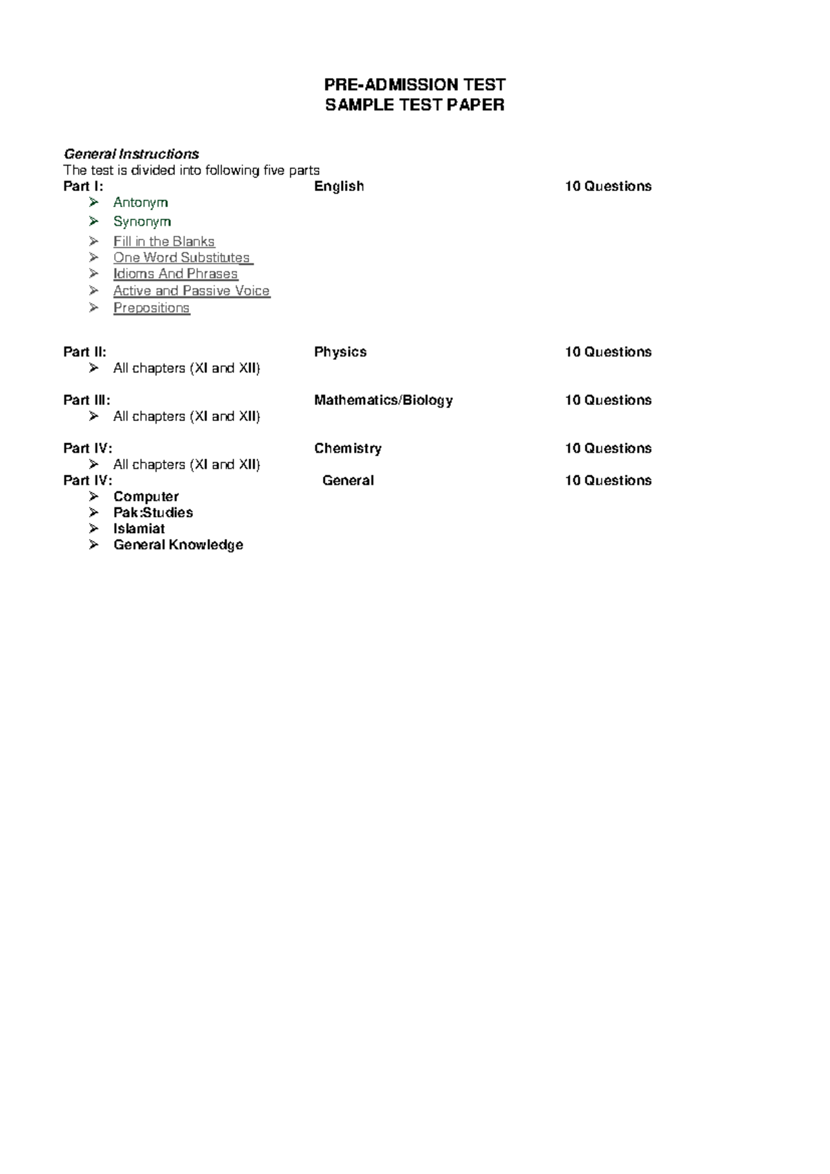 Sample test paper pattren - PRE-ADMISSION TEST SAMPLE TEST PAPER (A ...
