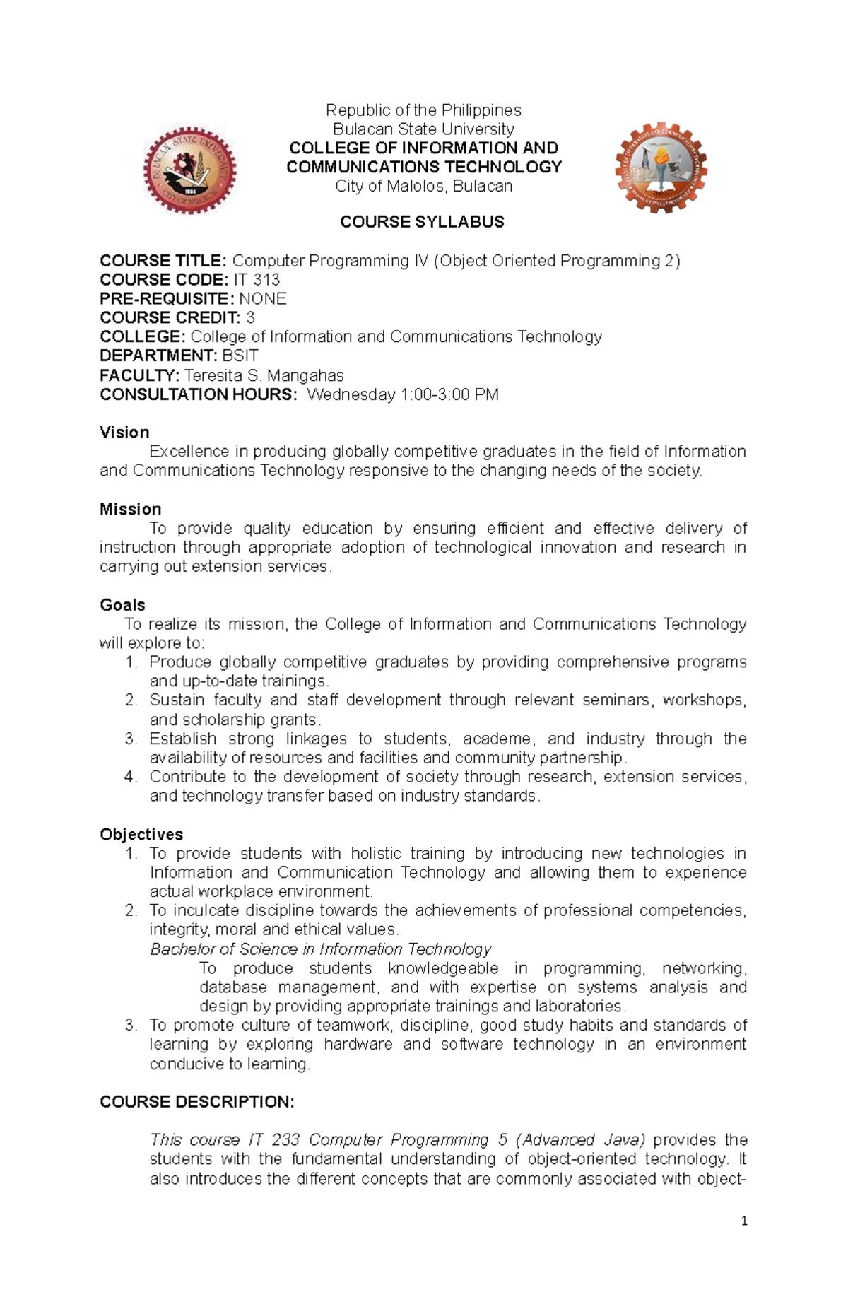 IT 313 Object Oriented Programming - Republic of the Philippines ...