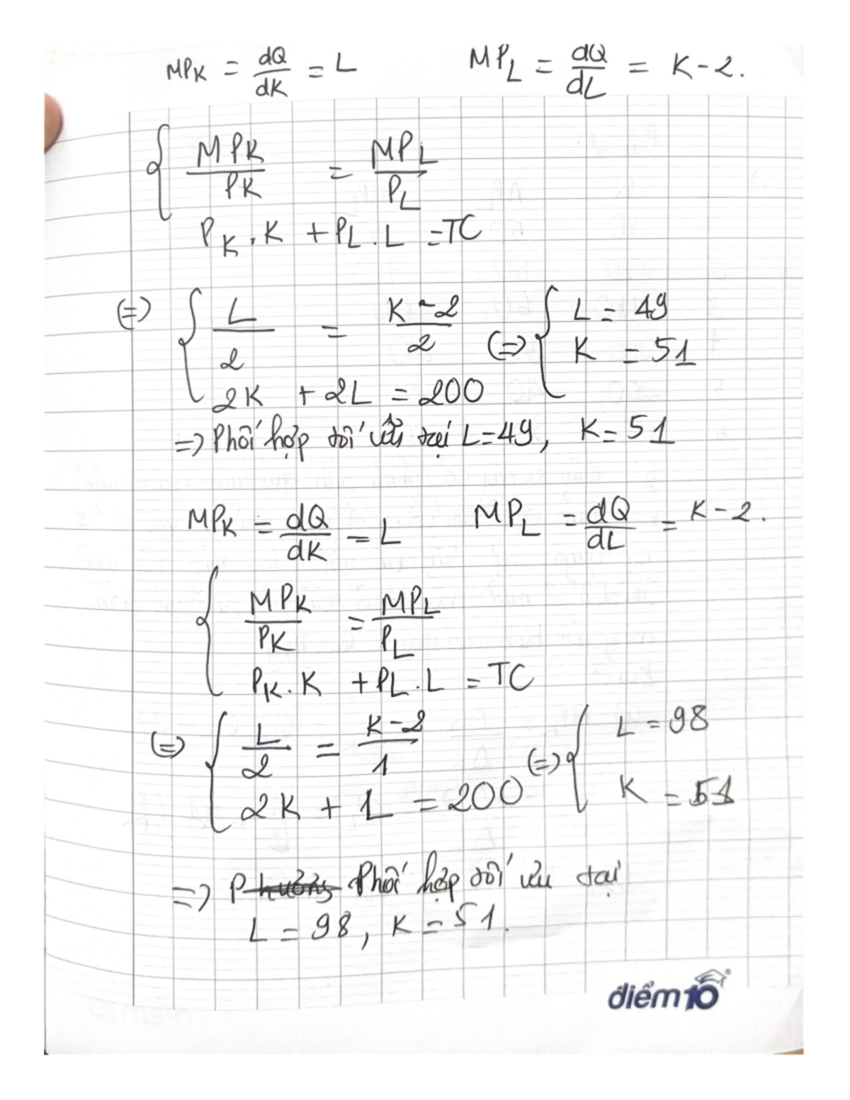 Bài tập kinh tế học chương 4 - MPK = dk dQ =L MP, = aQ = K-2. dL S MPR ...