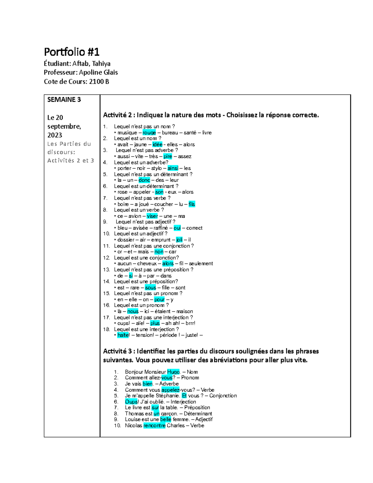 Fren 2100 Portfolio 1 - Portfolio Étudiant: A+ab, Tahiya Professeur ...