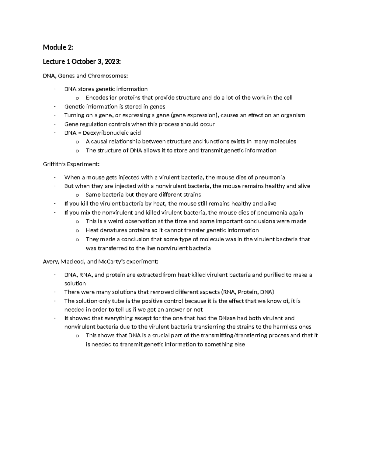 BIOA01 Module 2 - Module 2: Lecture 1 October 3, 2023: DNA, Genes and ...