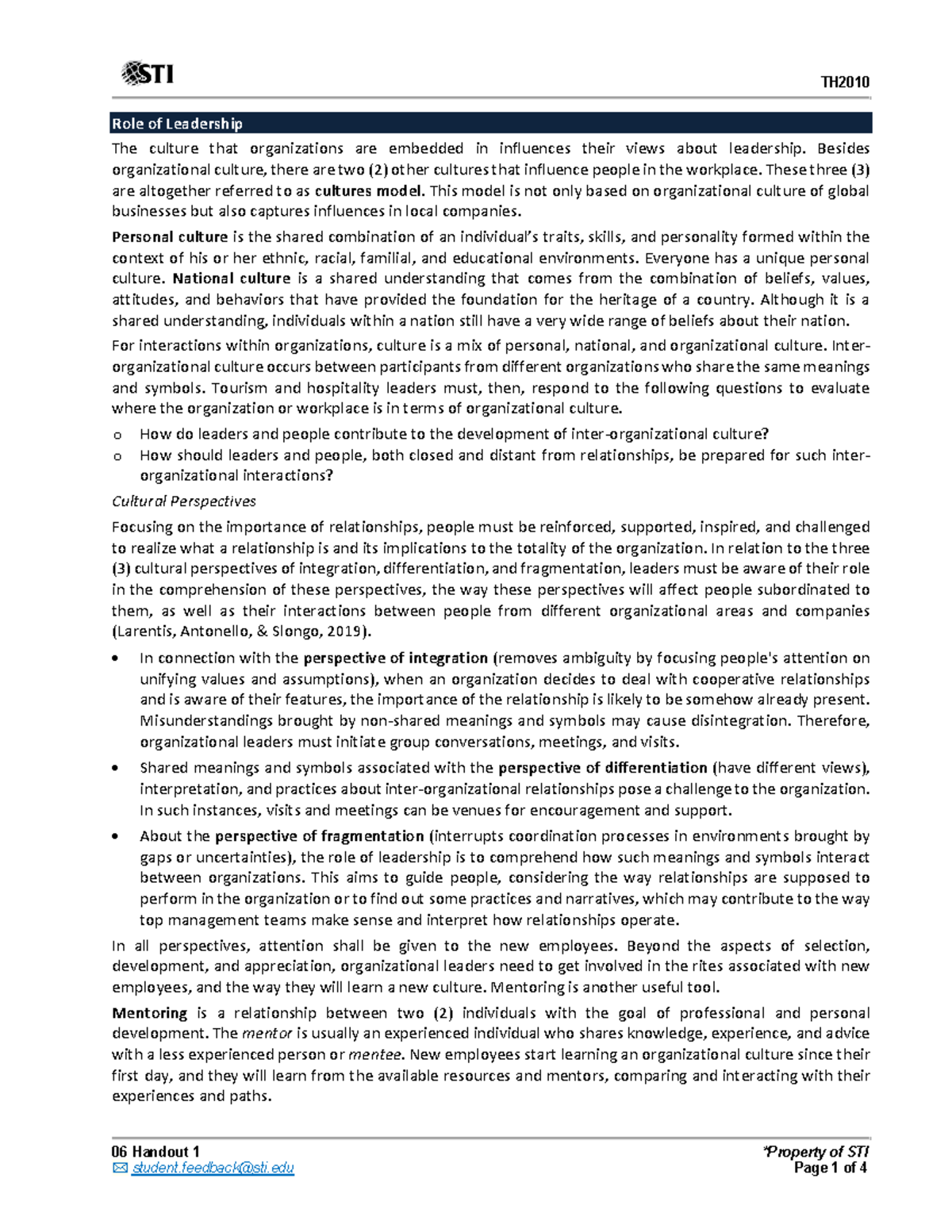 M - none - 06 Handout 1 *Property of STI Role of Leadership The culture ...