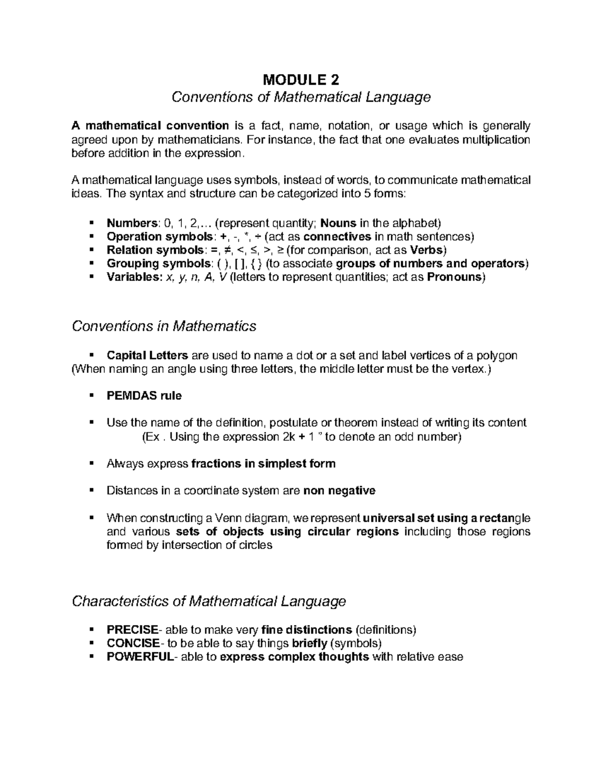 SETS MMW NOTES MODULE 2 MODULE 2 Conventions Of Mathematical Language