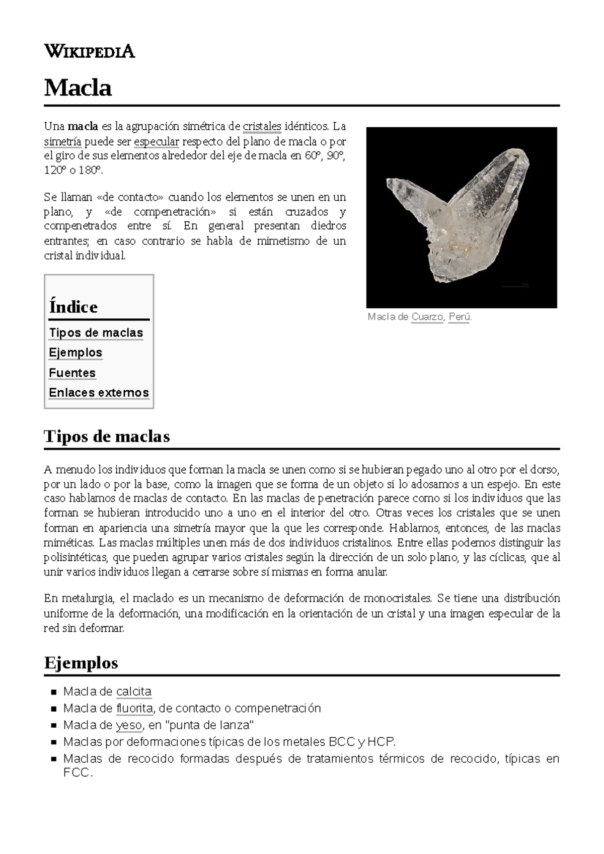 Macla - Minerales - Macla de Cuarzo, Perú. Macla Una macla es la ...