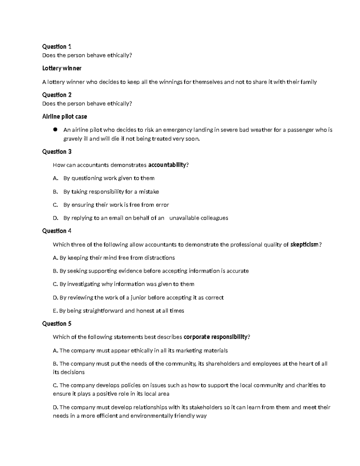 Test on LMS for chapter 1 - Question 1 Does the person behave ethically ...