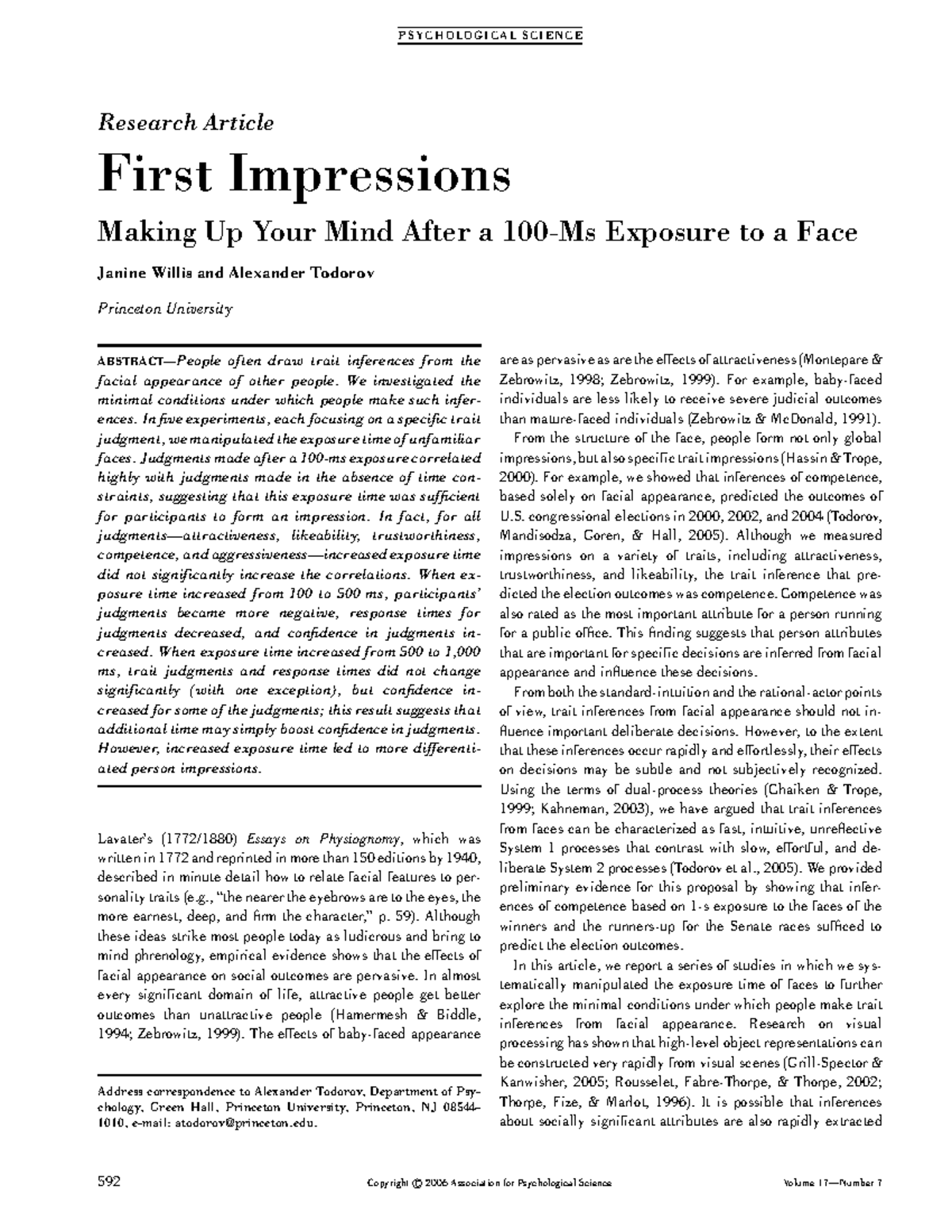 First Impressions Making Up Your Mind After a 100-Ms Exposure to a Face ...