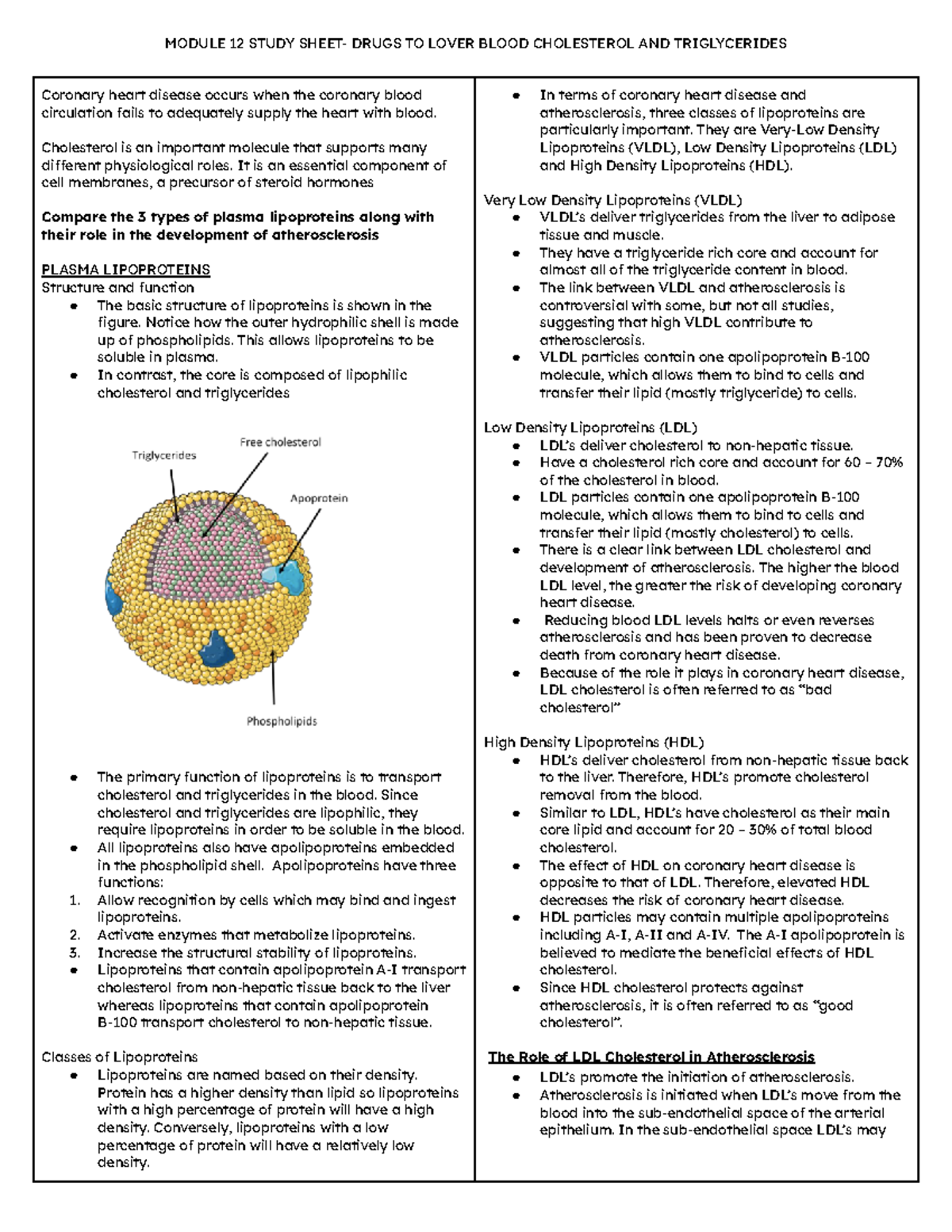 Module 12 Objectives - MODULE 12 STUDY SHEET- DRUGS TO LOVER BLOOD ...