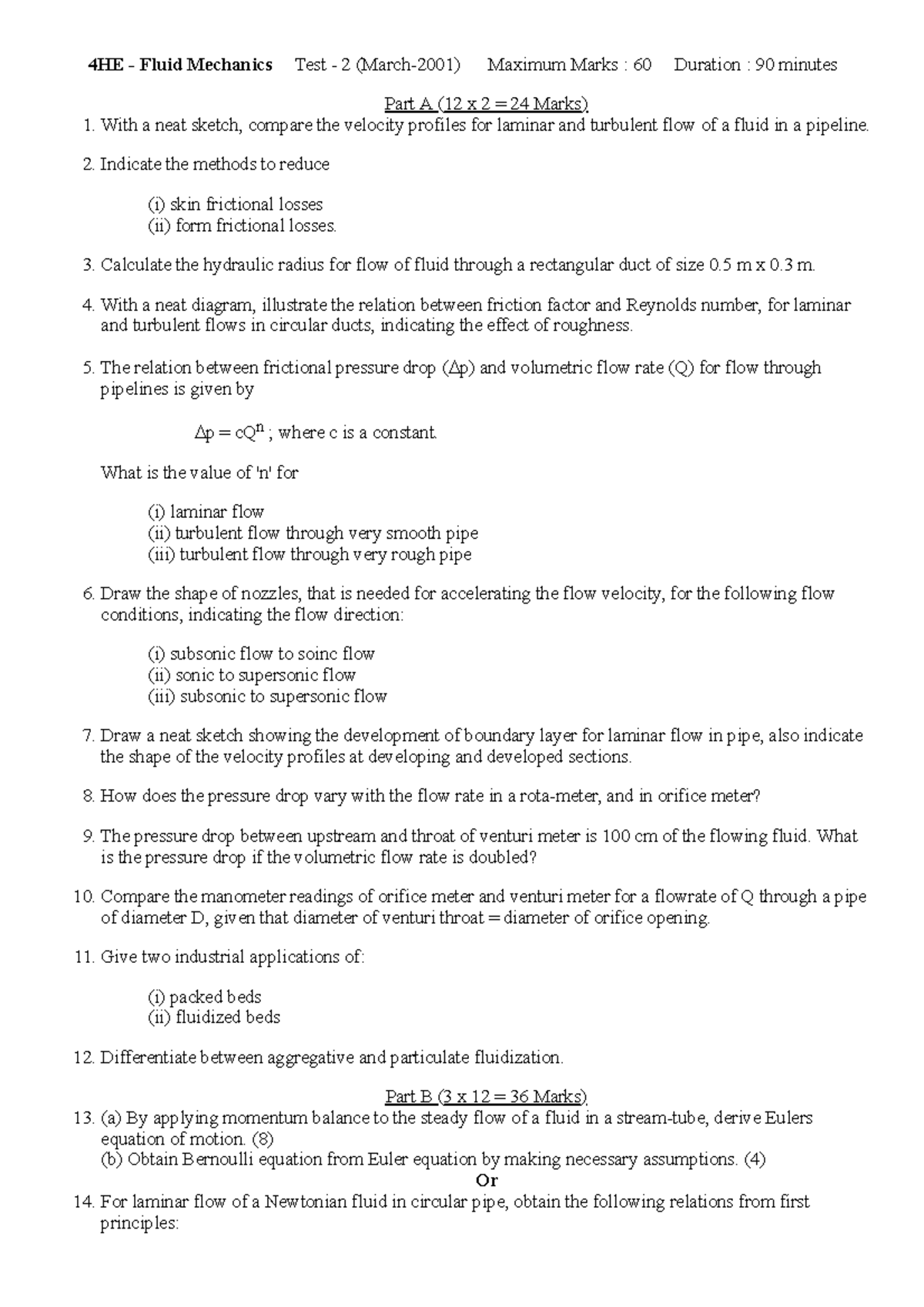 Exam, questions - 4HE - Fluid Mechanics Test - 2 (March-2001) Maximum ...