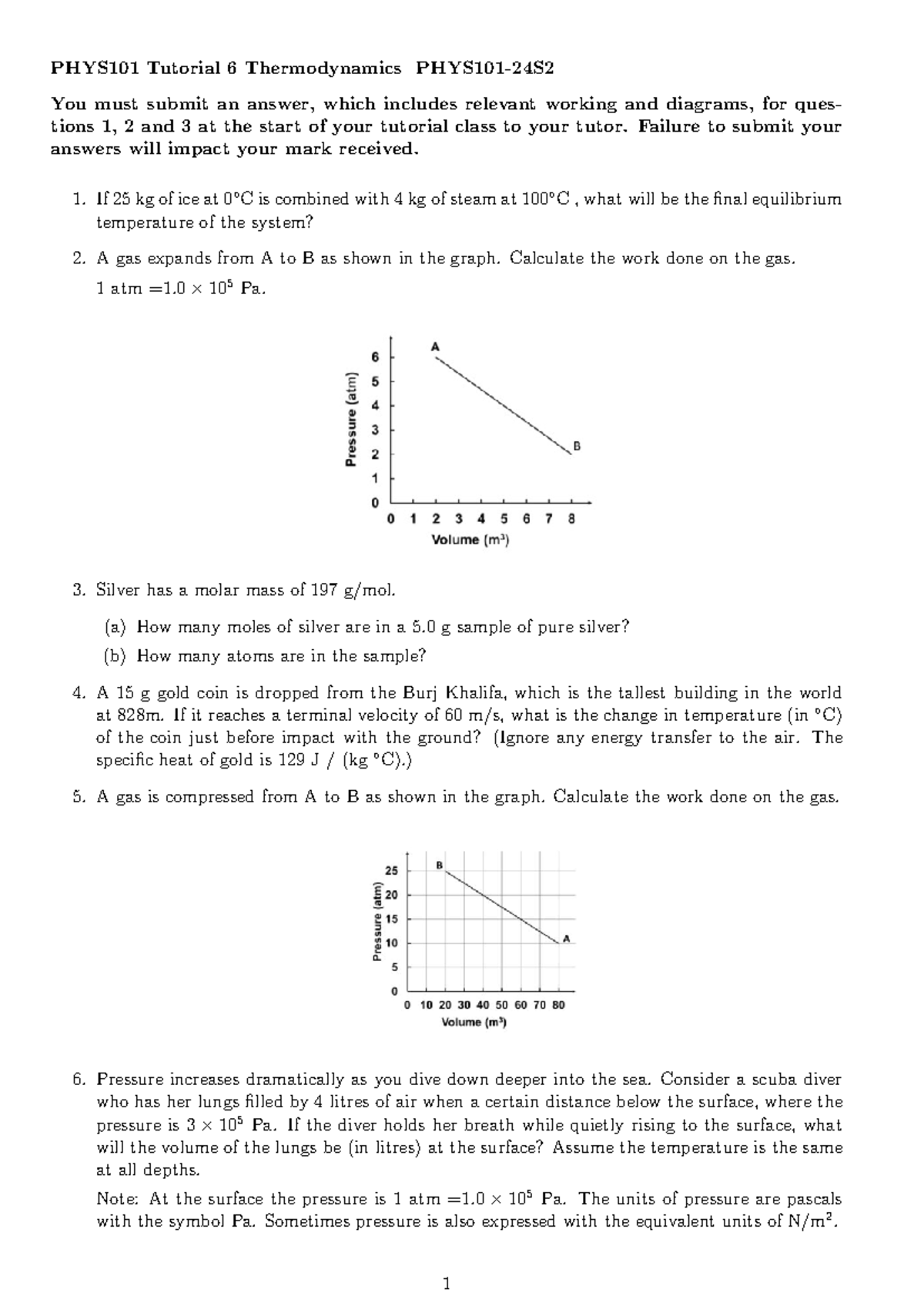 Tutorial 6 2024 - PHYS101 Tutorial 6 Thermodynamics PHYS101-24S You must submit an answer, which ...