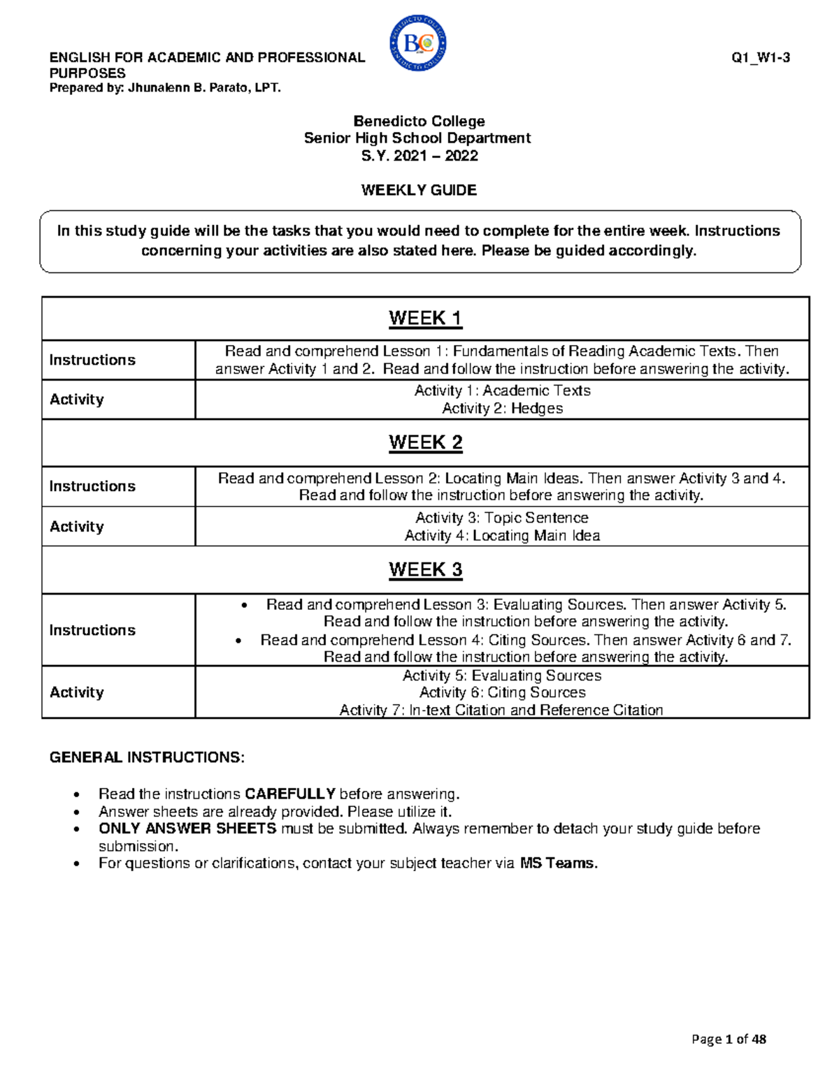 English for Academic and Professional Purposes (Module 1) - PURPOSES ...
