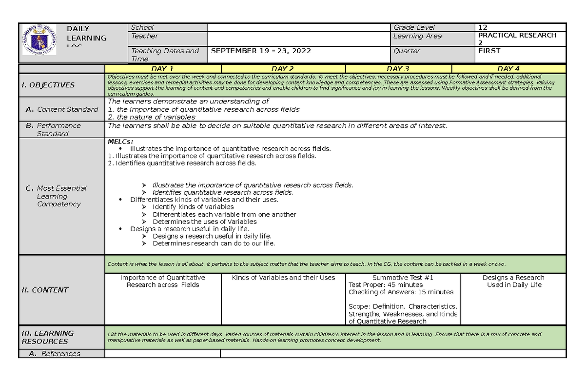 PR 2 - sept 19-23 - DLP - School Grade Level 12 Teacher Learning Area ...