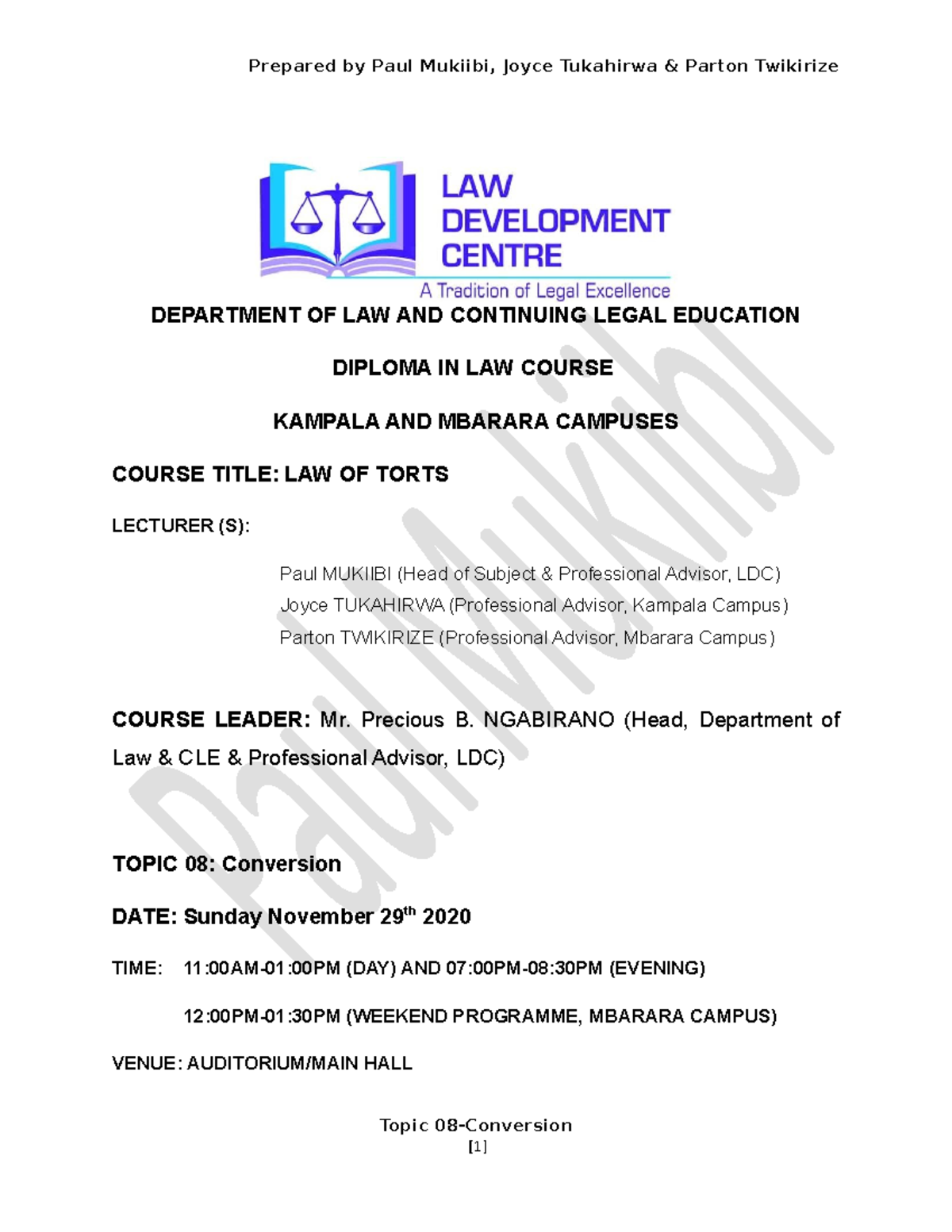Law of Torts (Conversion) - DEPARTMENT OF LAW AND CONTINUING LEGAL ...