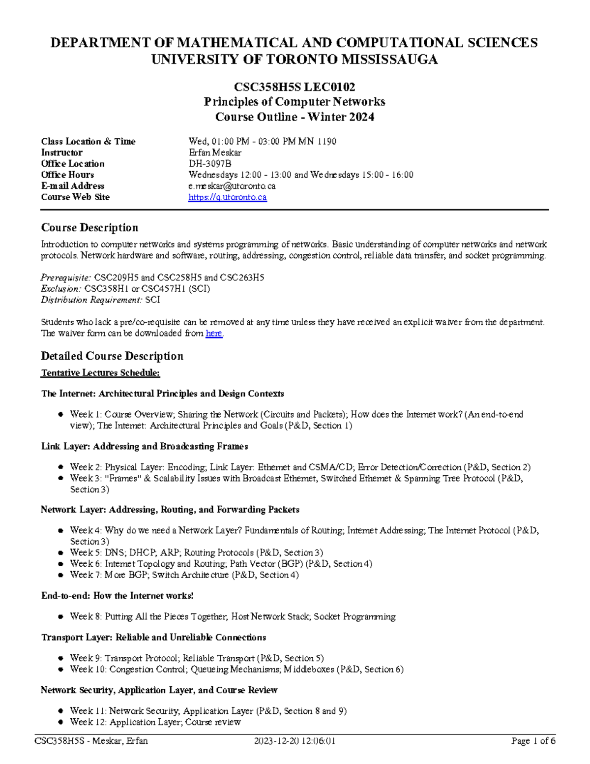 20241 CSC358H5S LEC0102 syllabus - DEPARTMENT OF MATHEMATICAL AND ...