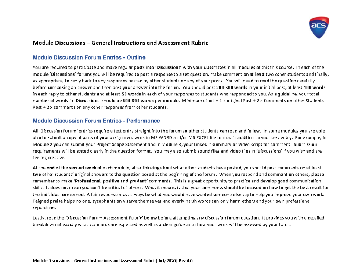 Module 1-3 - Discussions - General Instructions & Assessment Rubric ...