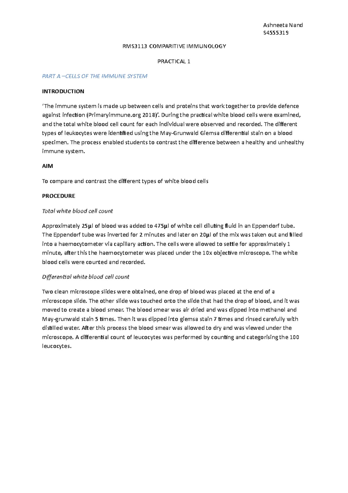 Lab Report-Cells of the immune system/Non-Adaptive Humoral Immunity - S ...