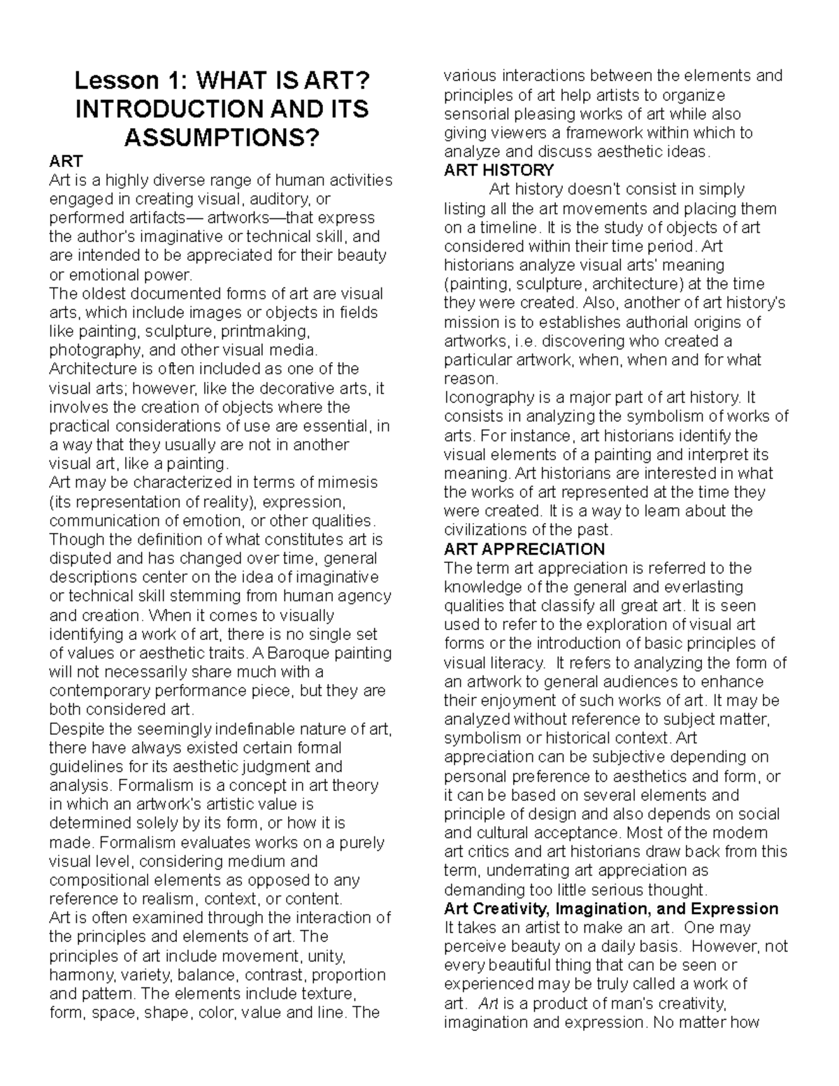 ART Appreciation Midterms - Lesson 1: WHAT IS ART? INTRODUCTION AND ITS ASSUMPTIONS? ART Art is ...
