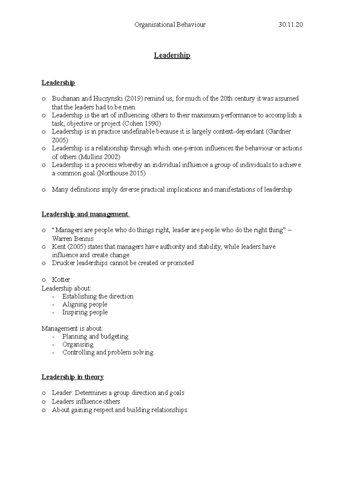 Leadership notes - Organisational Behaviour 30. Leadership Leadership o ...