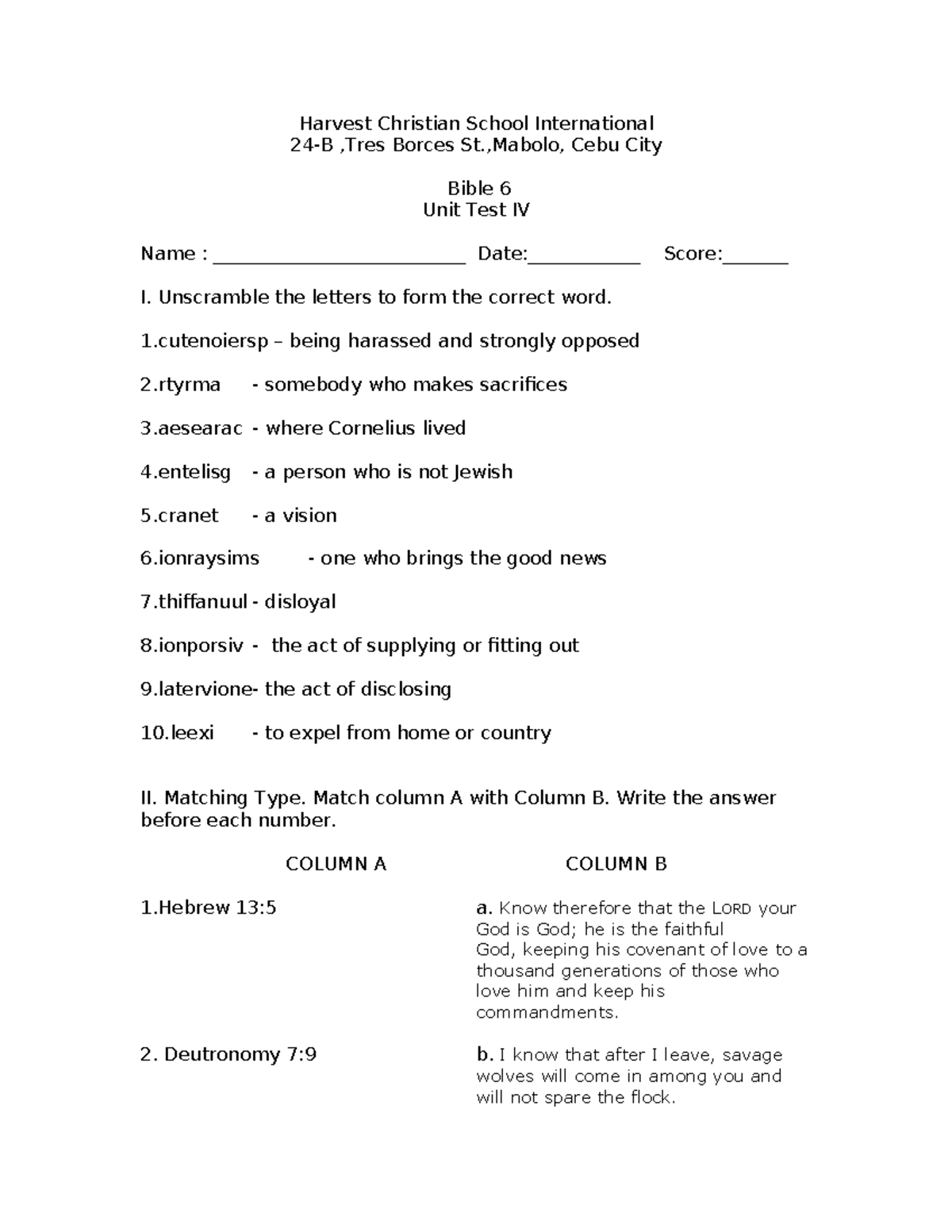 Bible 6 Unit Test IV - iaiaiakiaka - Harvest Christian School ...