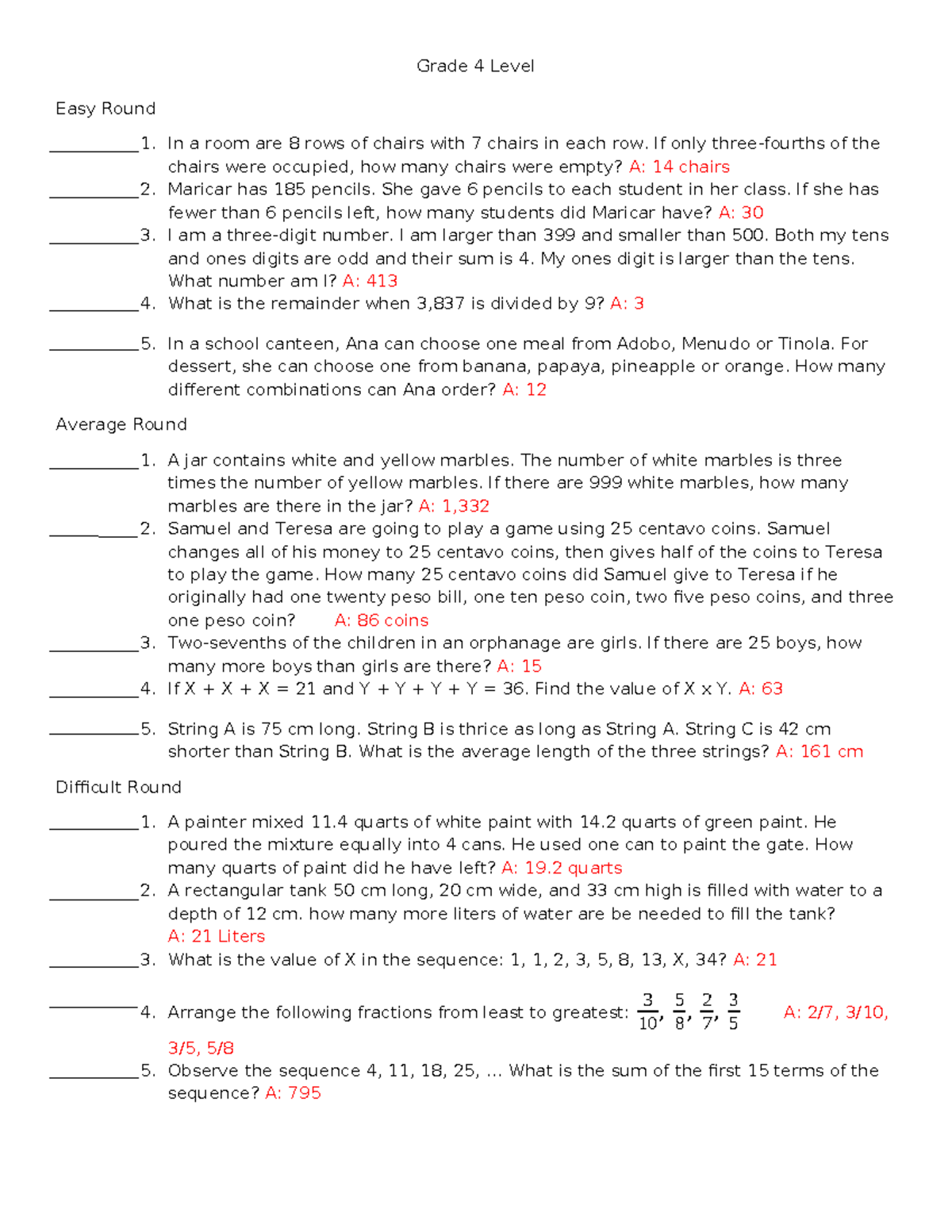 Math 4 Reviewer 1 - Grade 4 Level Easy Round 1. In a room are 8 rows of ...