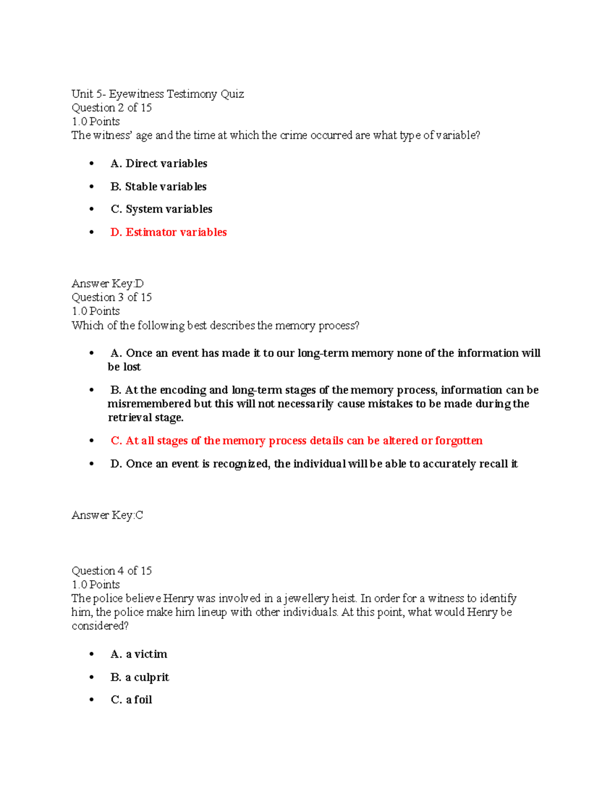 Unit 5- Eyewitness Testimony Quiz - Unit 5- Eyewitness Testimony Quiz ...