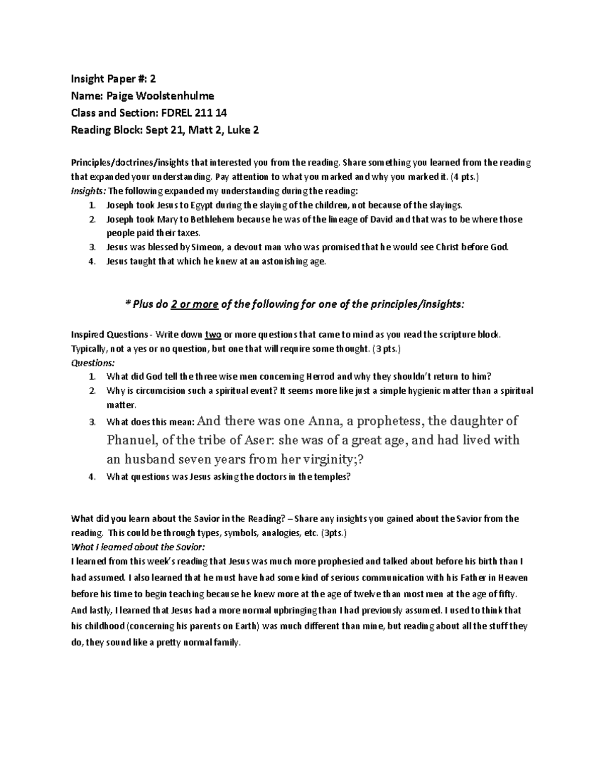 2 Insight Paper - For the class of Brother Parker. - Insight Paper 2 ...