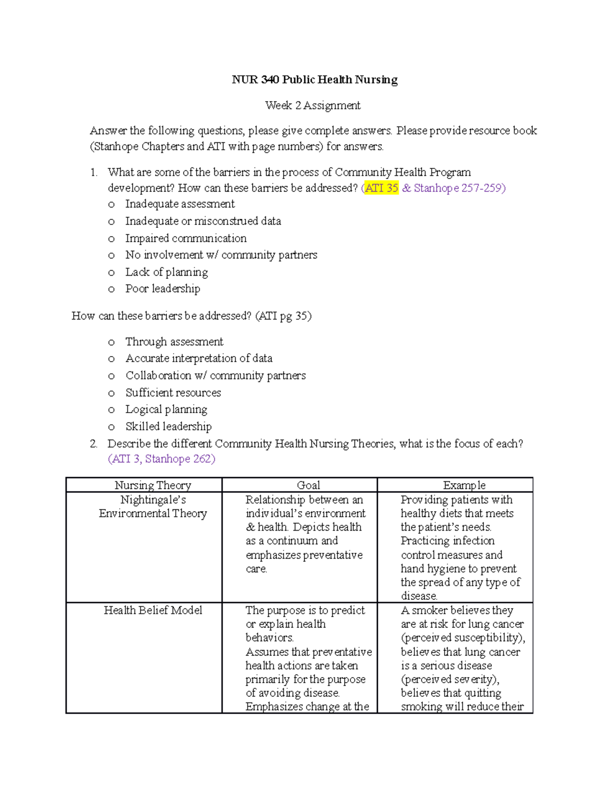 Week 2 class questions - NUR 340 Public Health Nursing Week 2 Assignment Answer the following ...