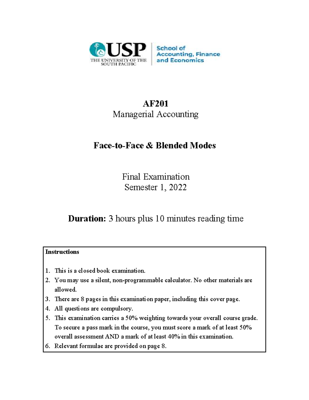 AF201 Exam - Exam papers for revision - AF Managerial Accounting Face ...