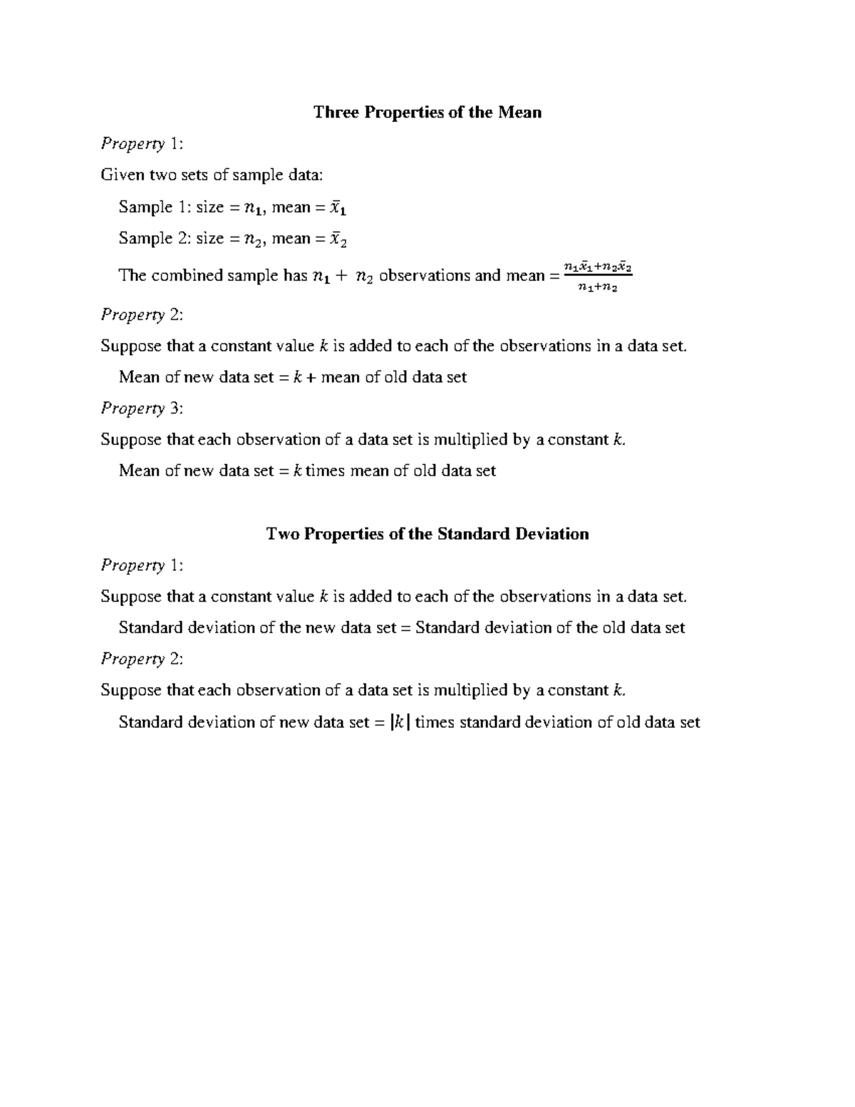 Some Properties of the Mean and Standard Deviation - Three Properties ...