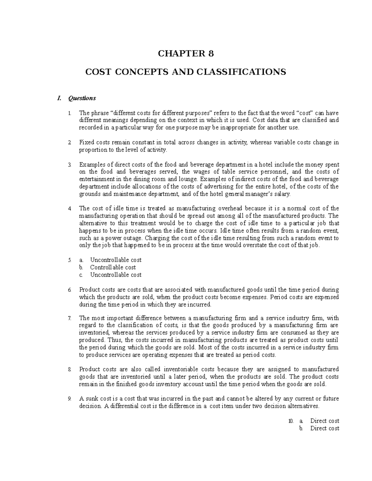 Chapter 8 COST Concepts AND Classifications part i - CHAPTER 8 COST ...