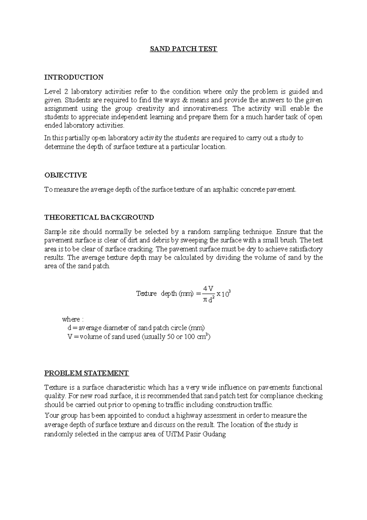 324764973 Sand Patch Test - SAND PATCH TEST INTRODUCTION Level 2 ...