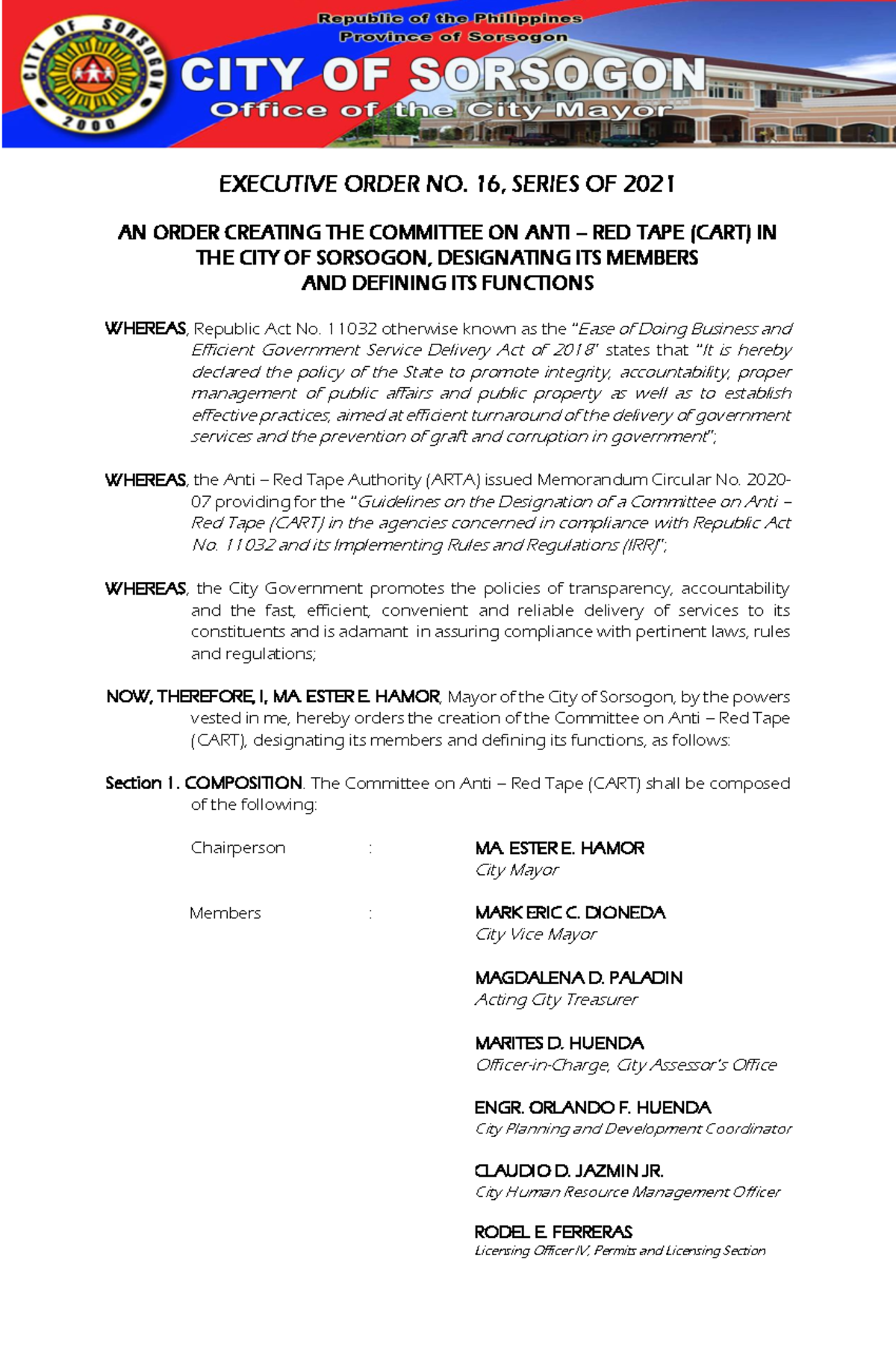 EO-16.S.2021 - Executive Order Sample - EXECUTIVE ORDER NO. 1 6 ...