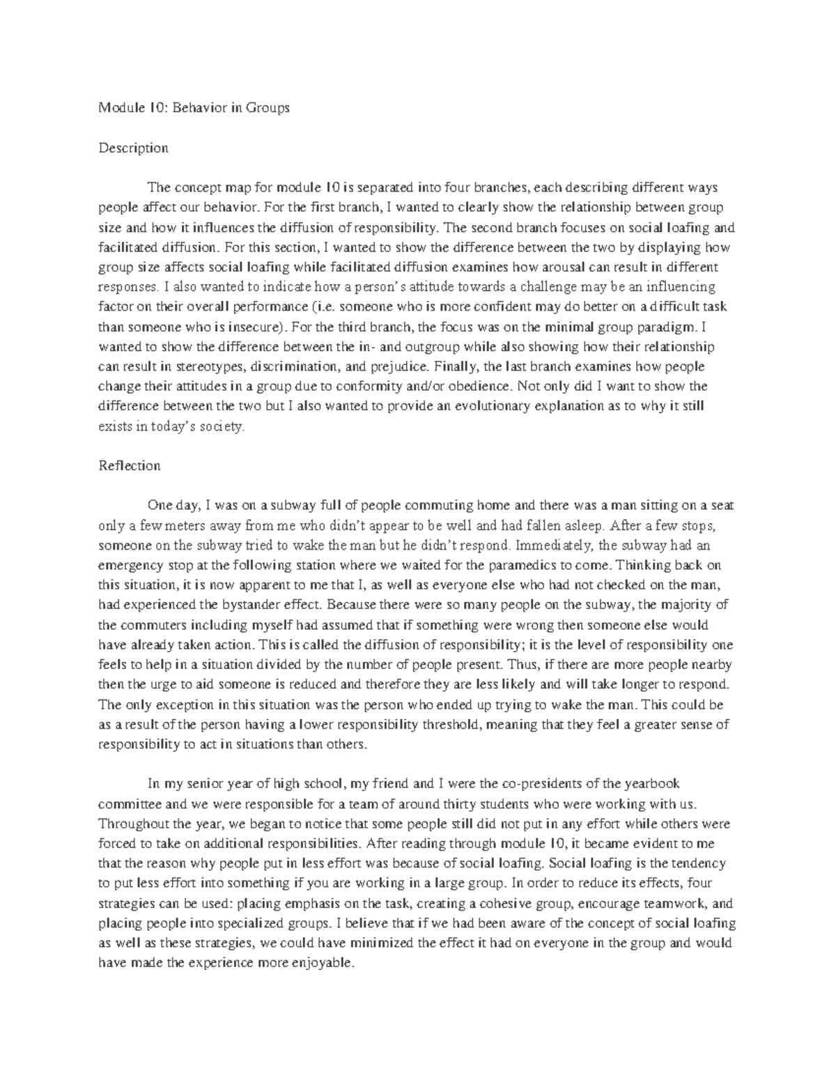 Concept map reflection - Module 10: Behavior in Groups Description The ...