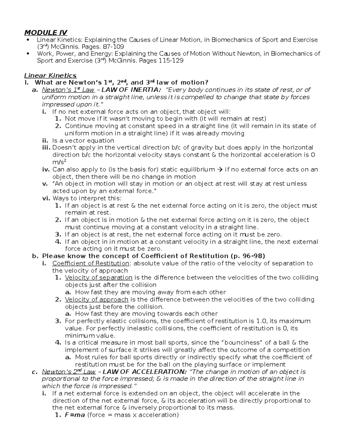 2020-Biomechanics-Module IV Reading Guide - MODULE IV Linear Kinetics ...