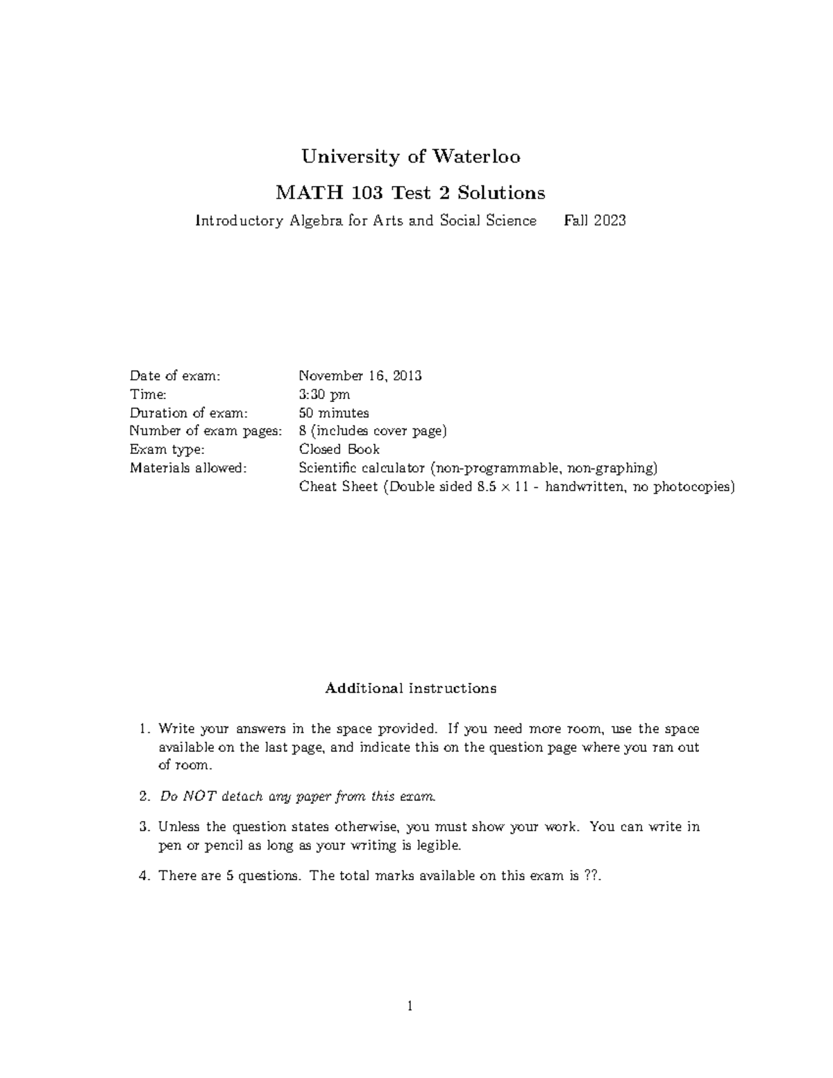Test2Solutions - test 2 solutions - University of Waterloo MATH 103 ...