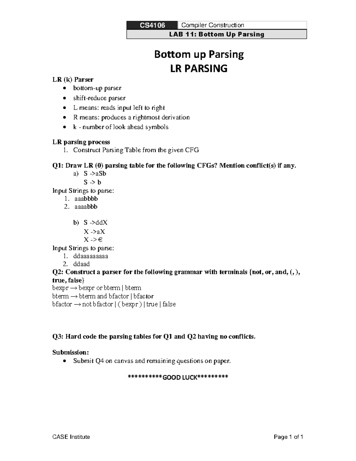 Lab 12 Compiler Construction Lab Manuals Cs4106 Compiler Construction Lab 11 Bottom Up