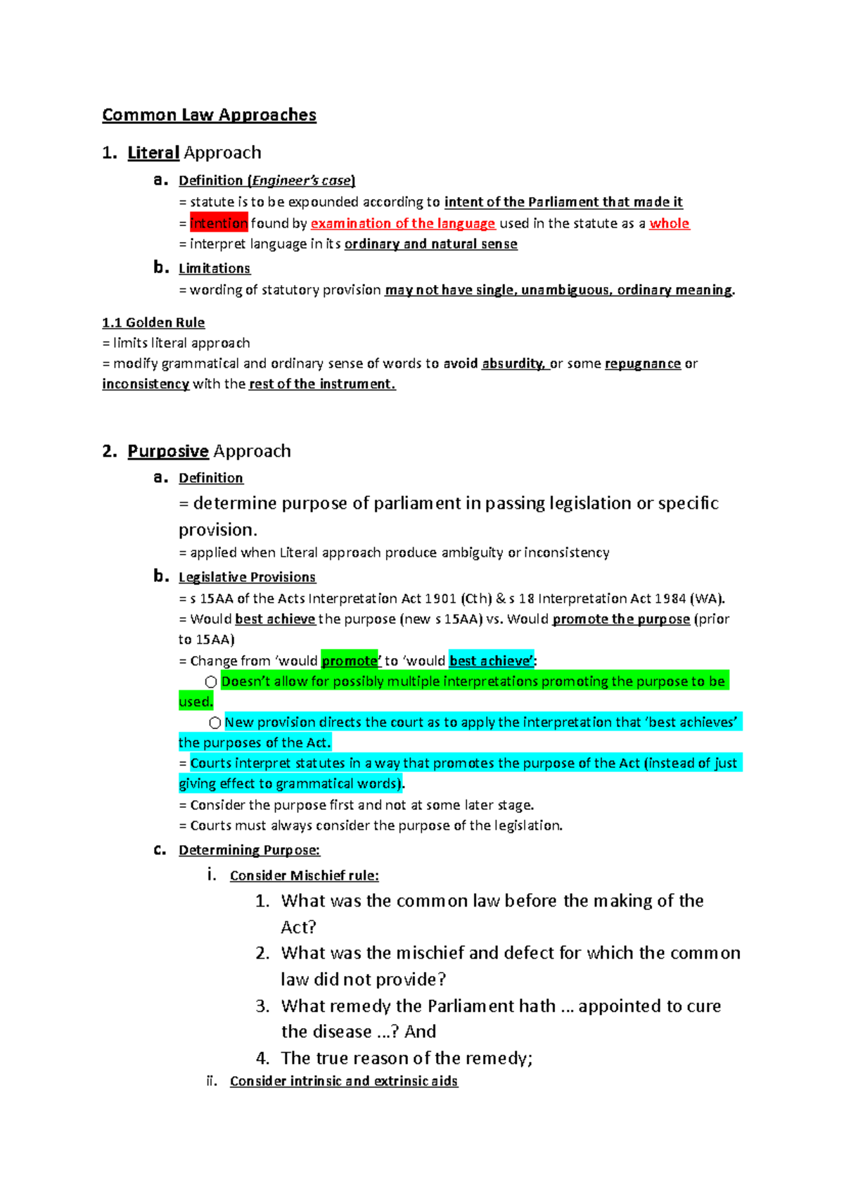 Approach to Interpretation of Legislation - Common Law Approaches 1 ...