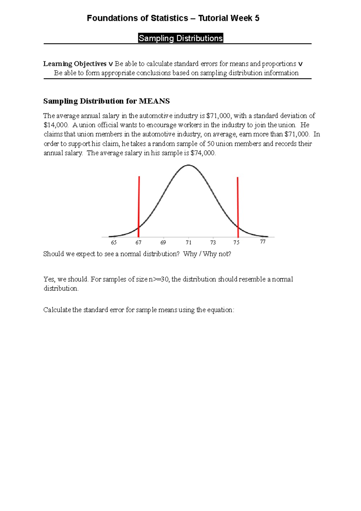STA10003 Week 5 Tutorial Handout - Foundations of Statistics – Tutorial Week 5 Sampling - Studocu
