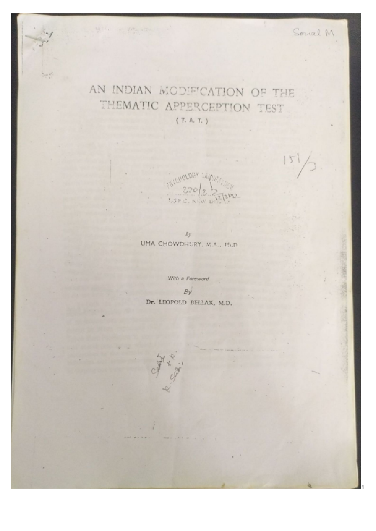 TAT manual - MSc. Clinical Psychology - Studocu