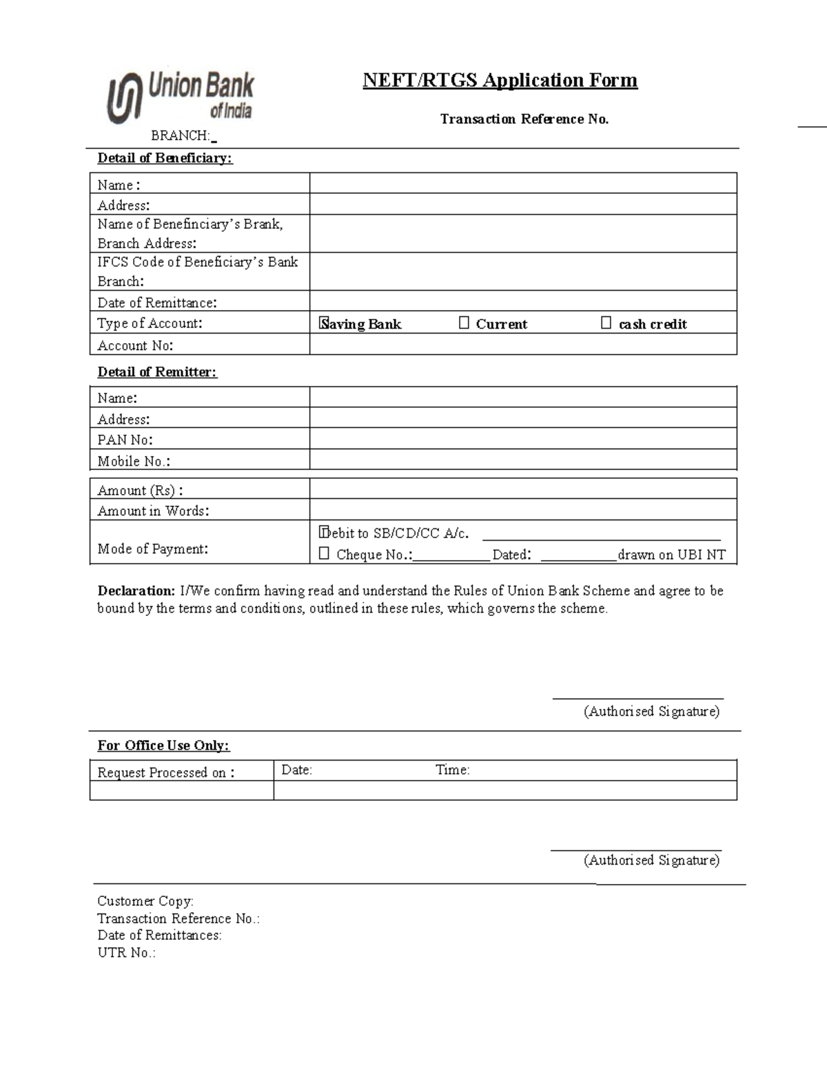 Union Bank of India RTGS NEFT FORM Format - NEFT/RTGS Application Form ...